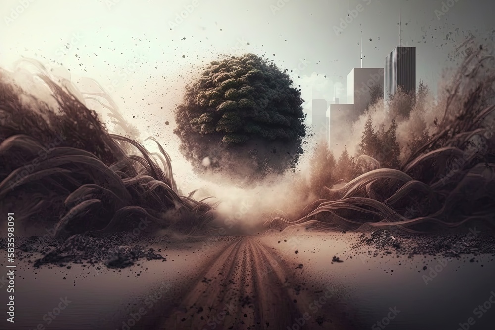 A car driving on a dirt road, with a large cloud of dust trailing ...