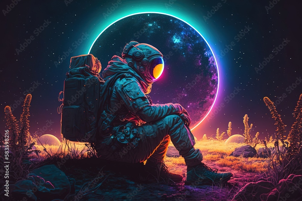 A neon-colored astronaut seated on the surface of the moon, with the ...