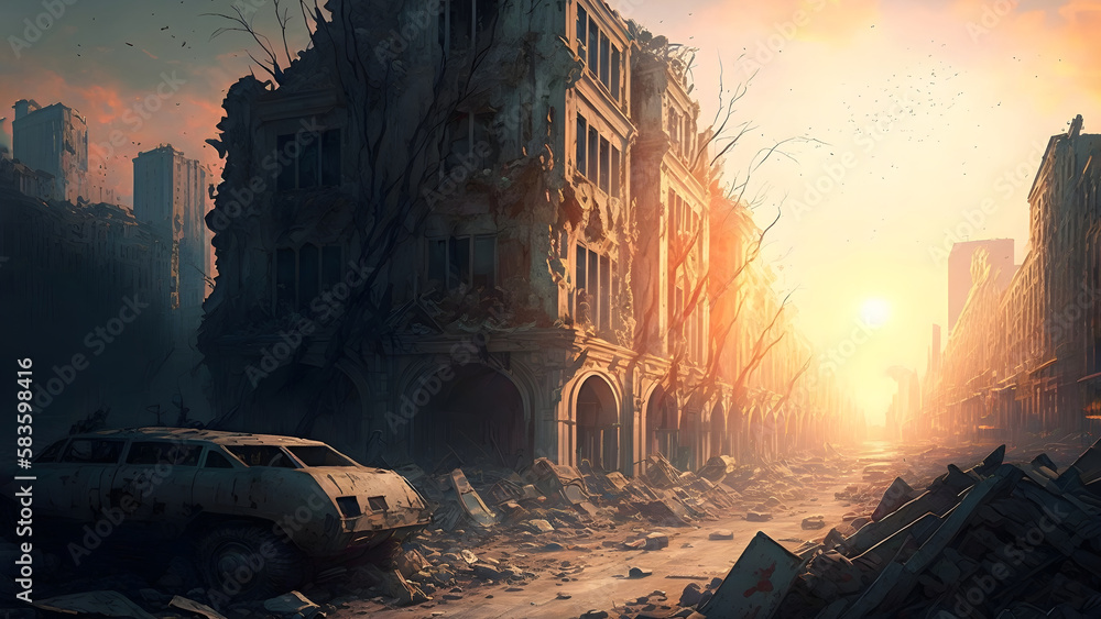 city after longterm war, ground level view, neural network generated ...