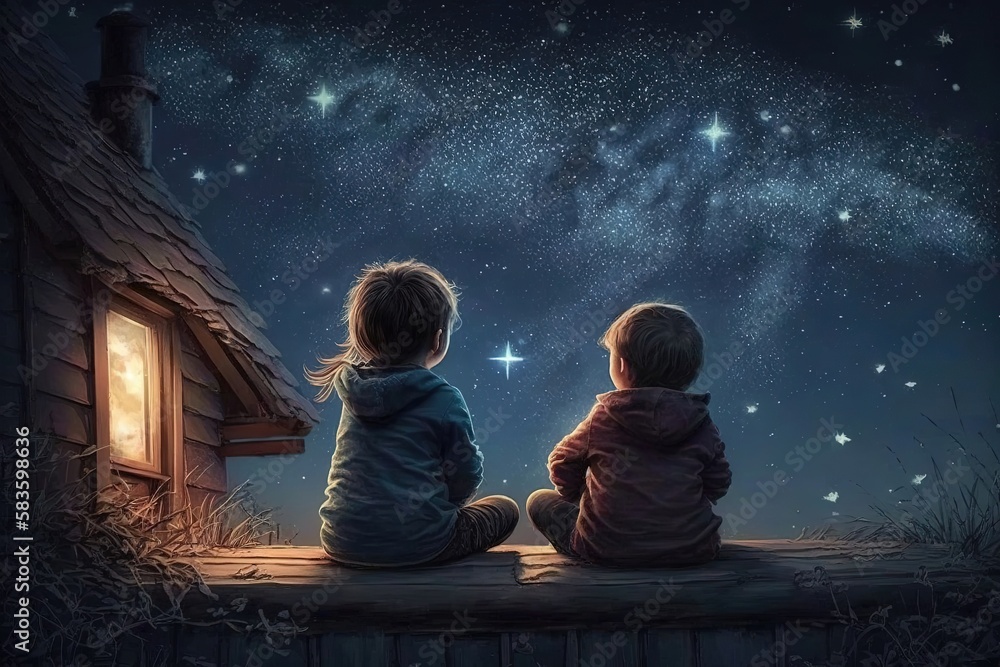 Two children standing on a rooftop at night, looking up at the stars ...