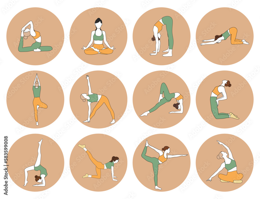 12 women set of icons doing stretchinf fitness sport in yellow circles ...