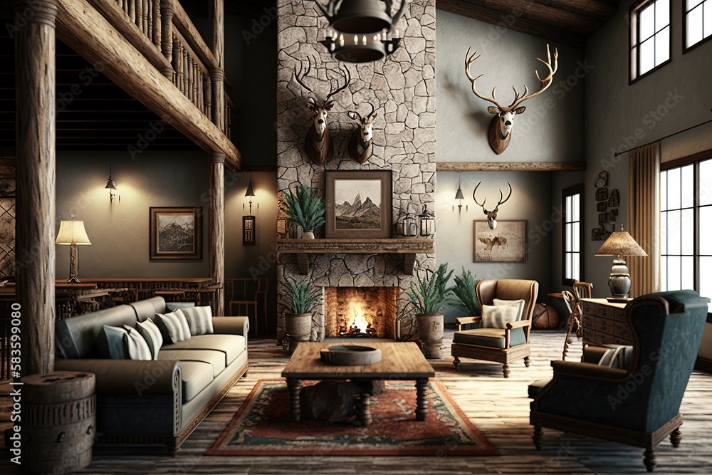 The interior of a living room designed in a hunting style. The walls ...