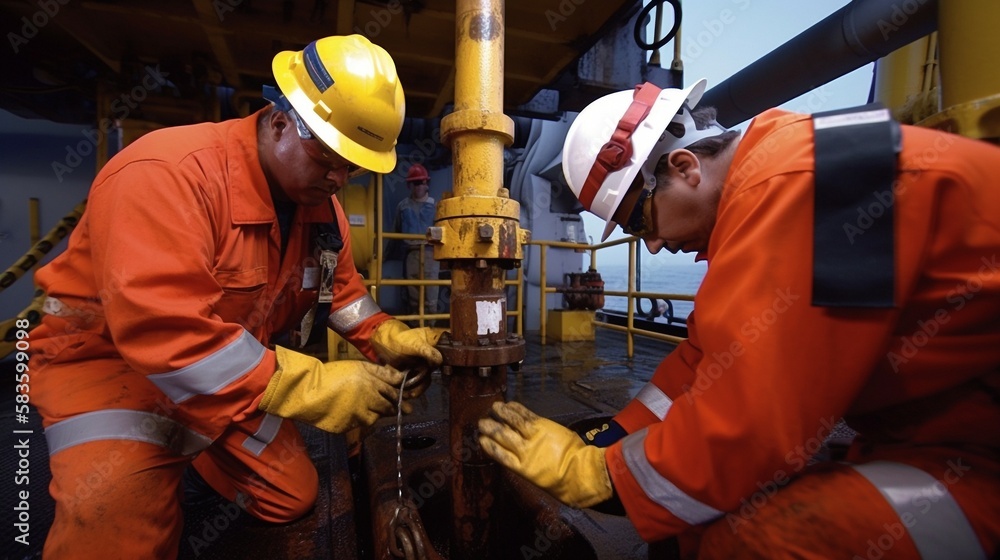 Generative AI, offshore employees on an oil rig Stock Illustration ...