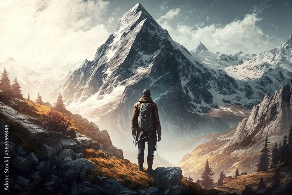 A person looking out at mountains and a lake. The person is shown in a ...