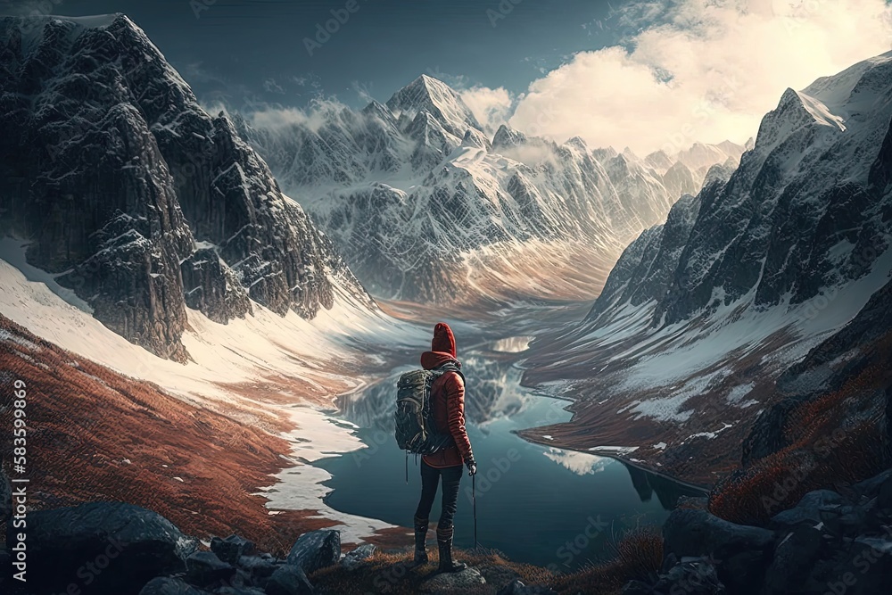 A person looking out at mountains and a lake. The person is shown in a ...