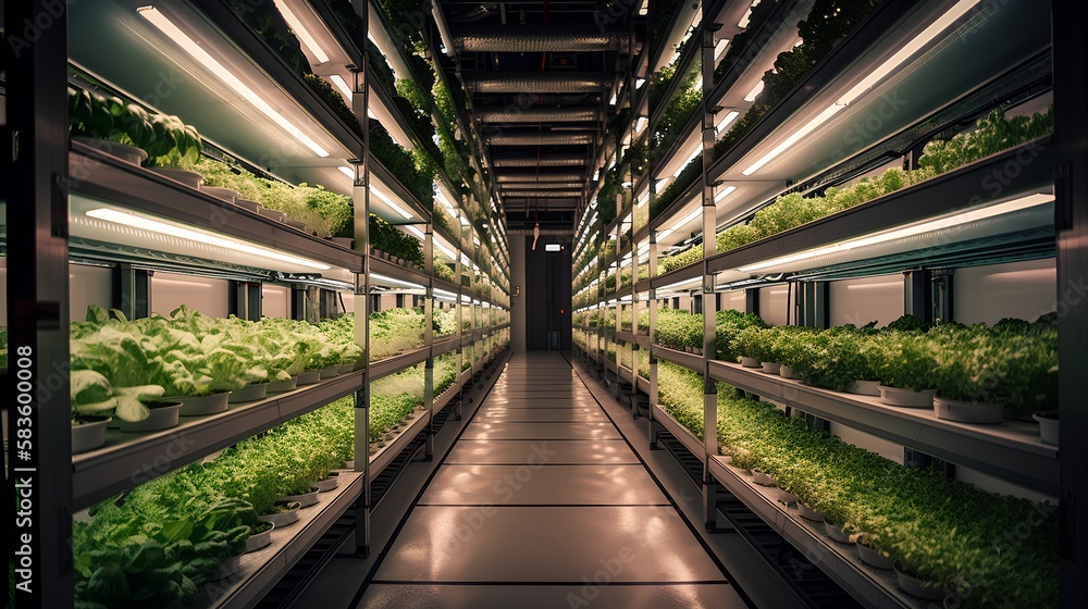 Innovative vertical farm with LED grow lights, showcasing sustainable ...