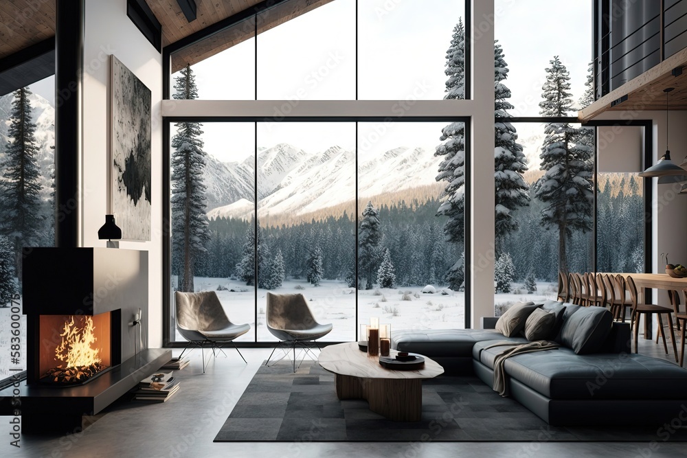 Modern living room with a stunning view of a snowy forest. The room may ...