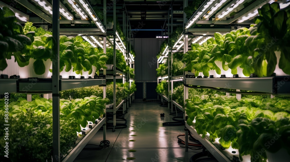 Innovative vertical farm with LED grow lights, showcasing sustainable ...