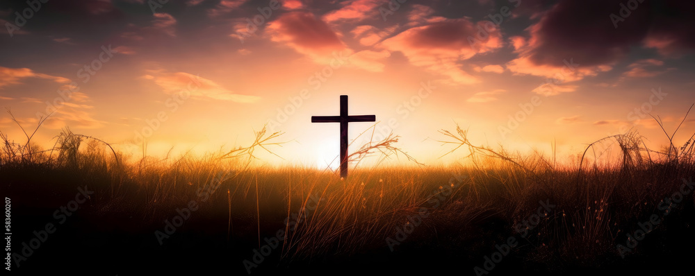 Black cross religious symbol silhouetted in grass against a background ...