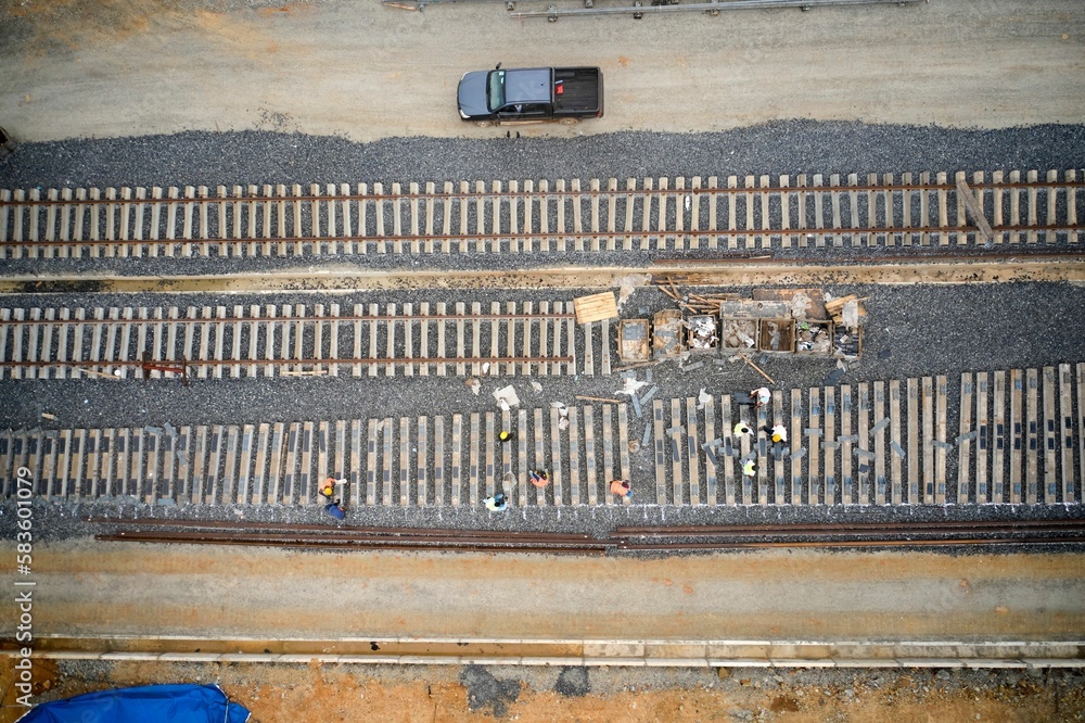 Bird's eye view of a train track construction site Stock Photo | Adobe ...