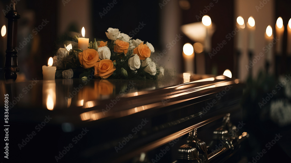 Funeral ceremony. Scene with a coffin in a church. generative AI Stock ...