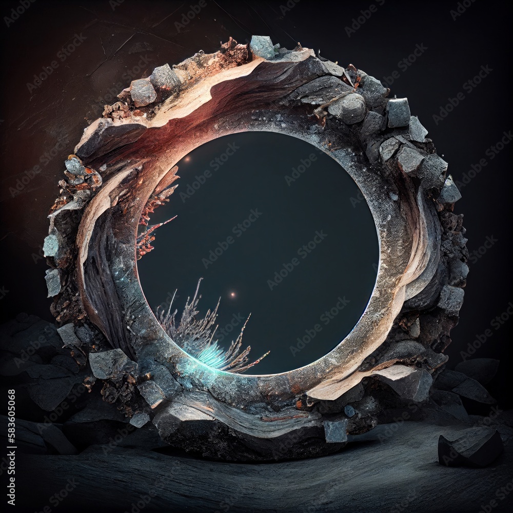 A stonelike circle frame with plants on black background. Detailed ...