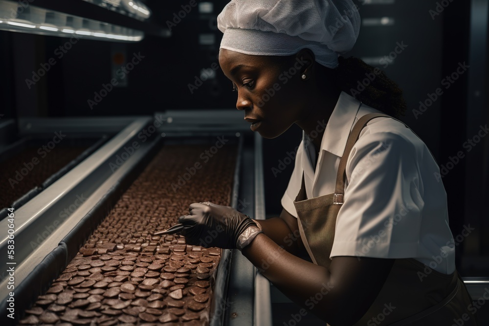 African American young woman working in production line of chocolate ...
