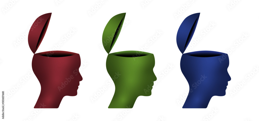 3d blue open mind character head vector illustration. Idea concept face ...