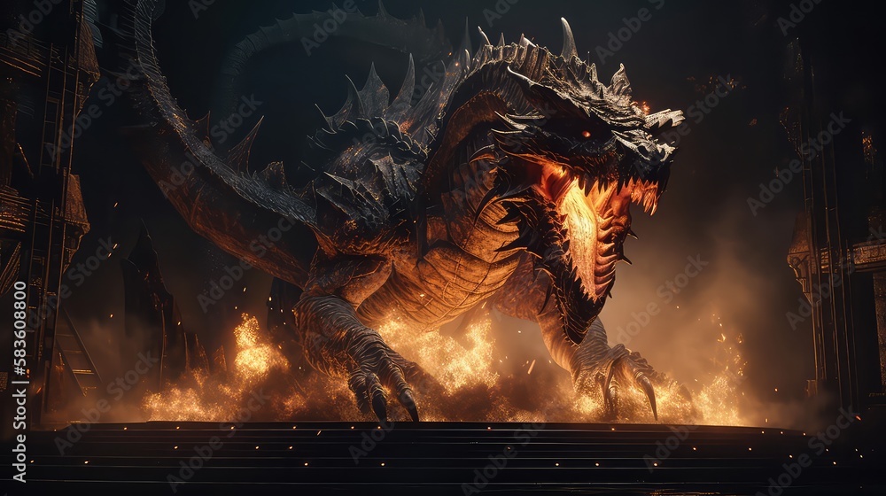 Fire breathes explode from a giant dragon in a black night. Generative ...