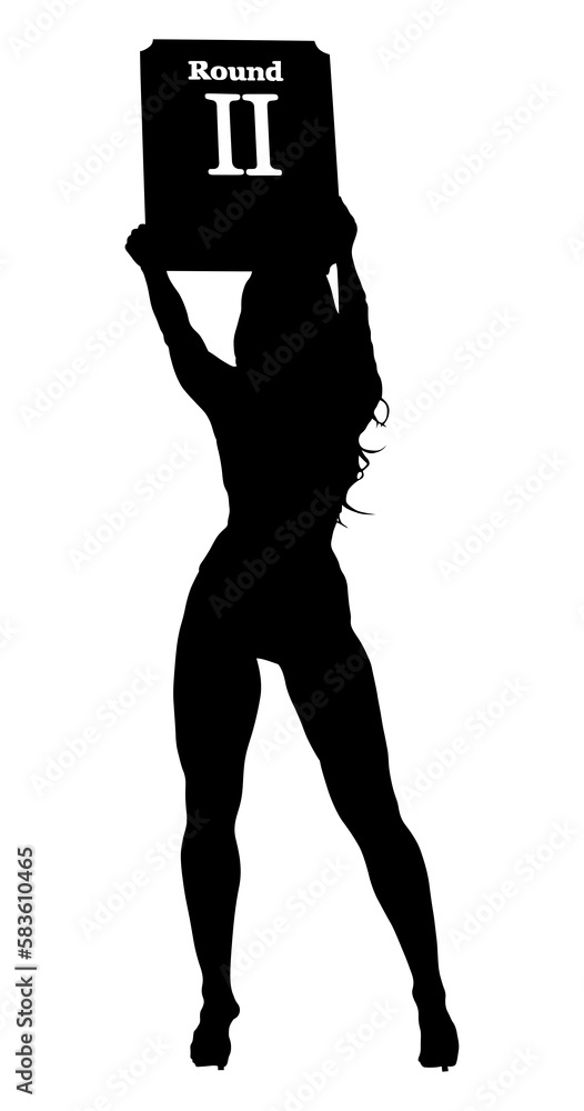 ring girl displaying round number in boxing ring black silhouette on ...