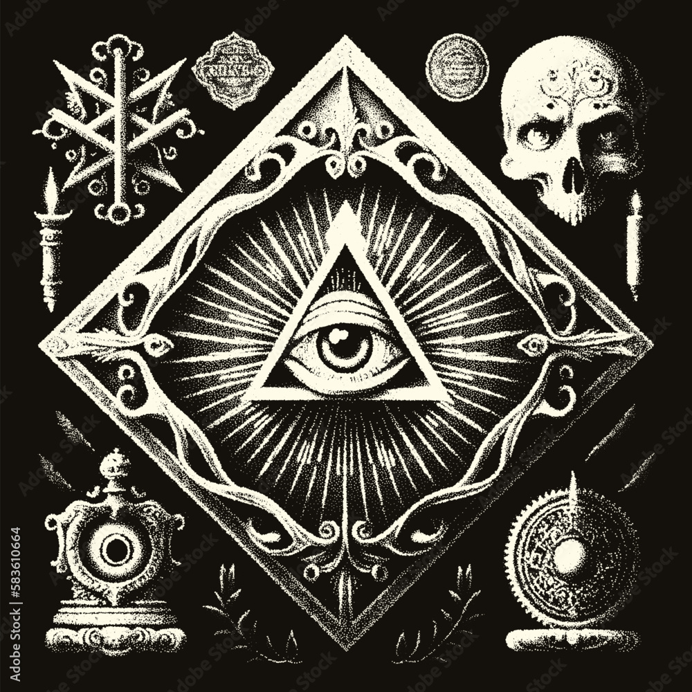 Occult symbols composition in dotwork style. Abstract mystic elements ...