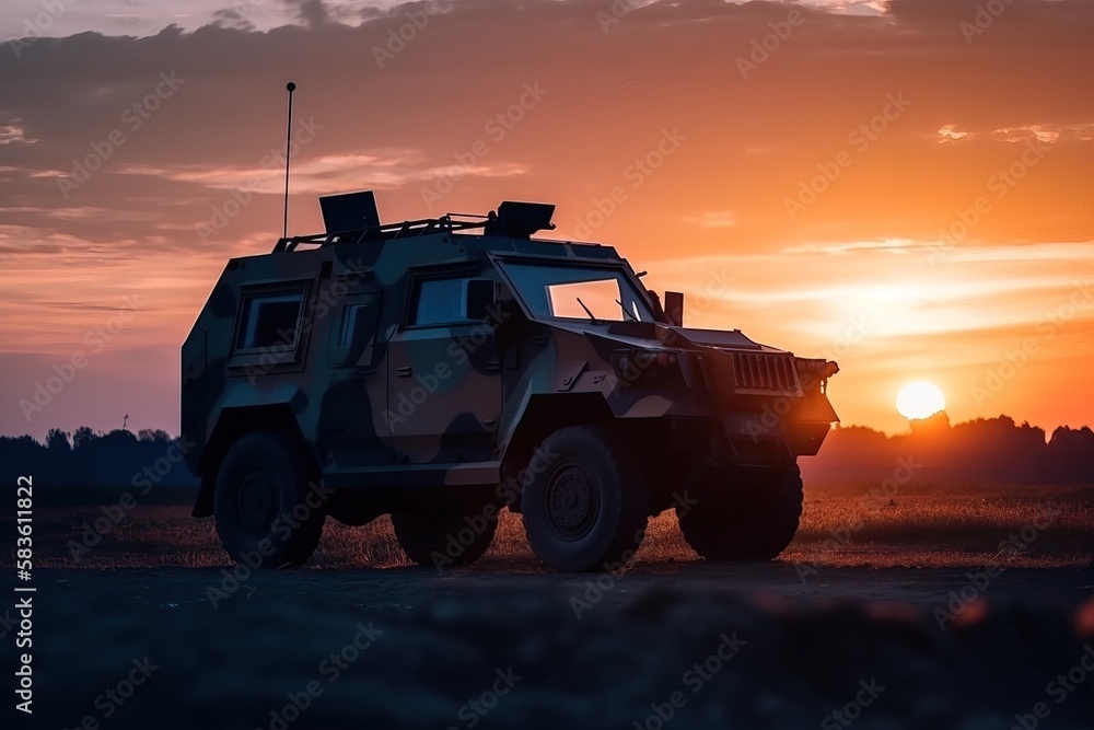 Troops in the war. Military patrol car at sunset. Army war concept ...