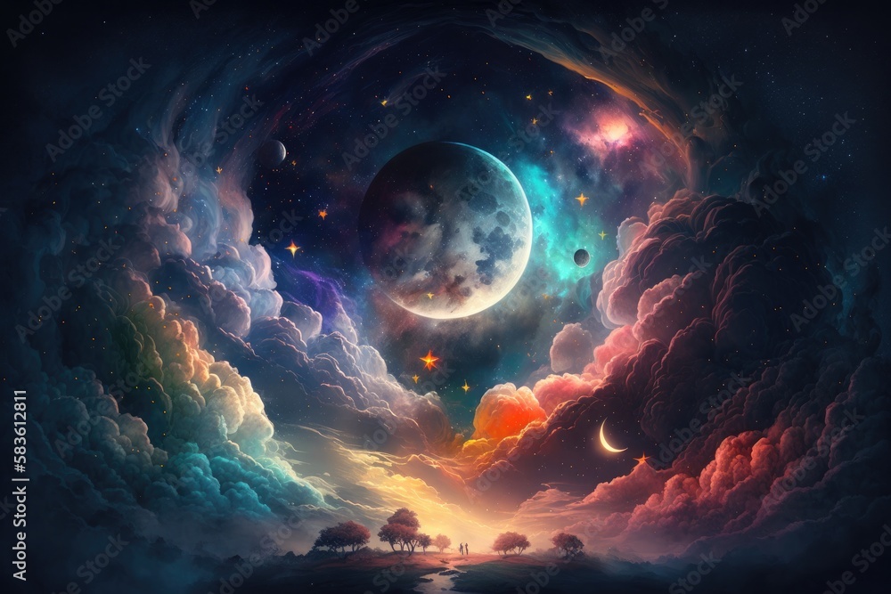 Fantasy-themed night sky, picture book style, bright stars and galaxies ...