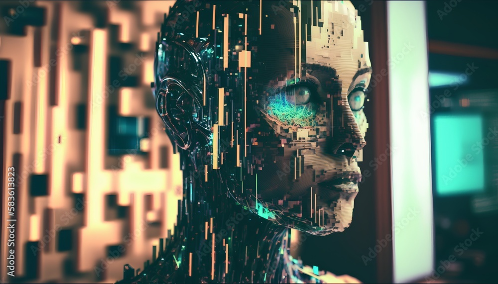 Futuristic AI robot avatar on screen with glitch effect and digital ...