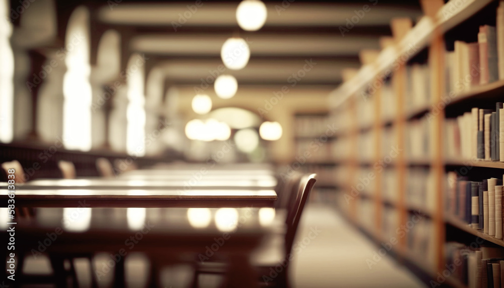 Blured image of work space and bookshelf in the library for business ...