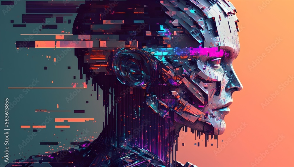 Futuristic AI robot avatar on screen with glitch effect and digital ...