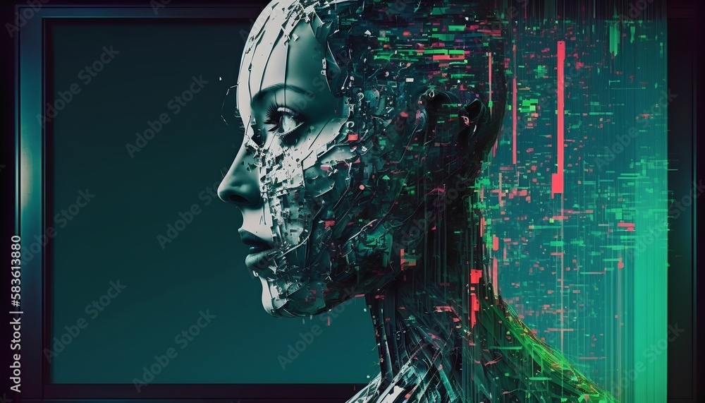 Futuristic AI robot avatar on screen with glitch effect and digital ...