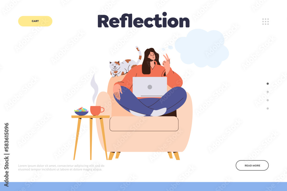 Reflection landing page template with pensive woman character engaged ...