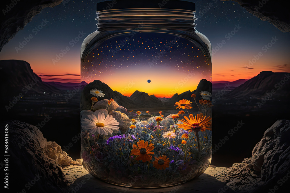 Glass jar with fantasy world inside. Capturing dream concept. Created ...