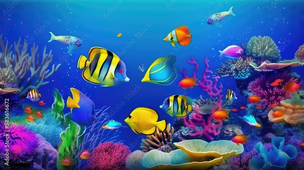 Animals of the underwater sea world. Ecosystem. Colorful tropical fish ...