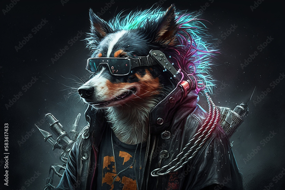 Cyberpunk rocker dog. Funny cyber punk rocker canine with sunglasses ...