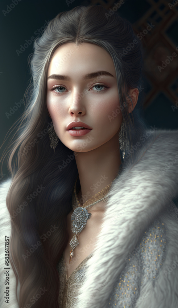 Glamorous portrait of a beautiful girl, princess of the north in furs ...