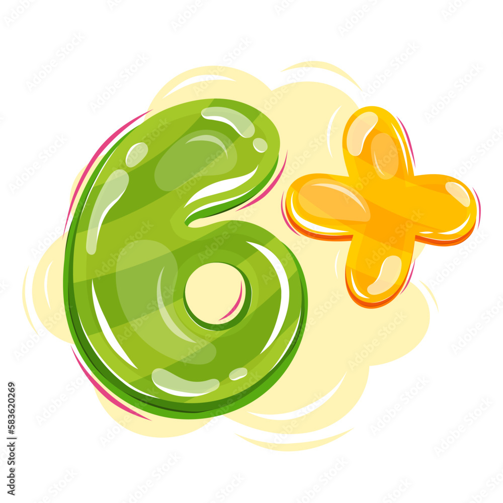 Set of kids age limits sign. 6+ . Colourful numbers, abstract shapes ...