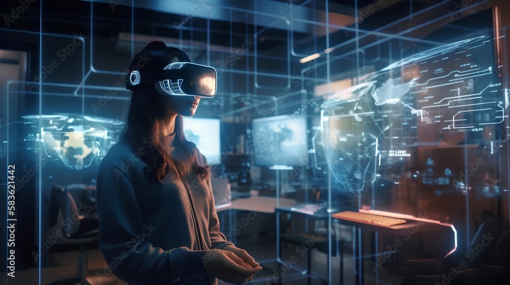 User immersed in augmented reality environment wearing a VR headset ...