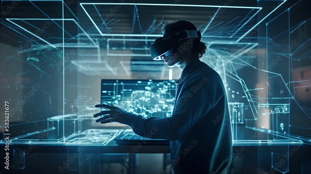 User immersed in augmented reality environment wearing a VR headset ...