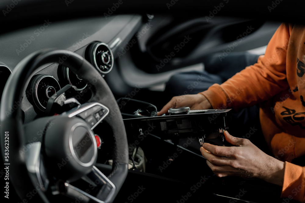 Salon of a prestigious modern luxury car Concept of passion for driving ...