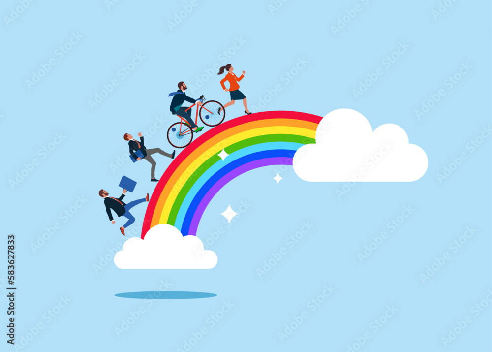 Happy business people running on colorful rainbow in the sky ...