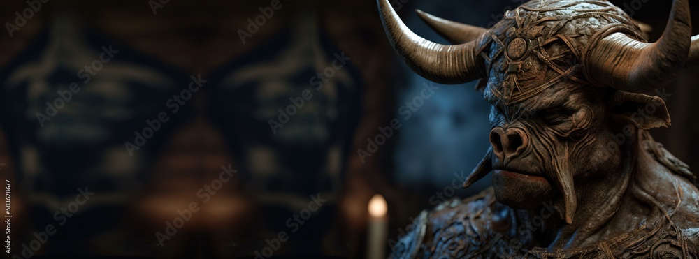 Minotaur mythological bull man with big horns, creature from legends ...