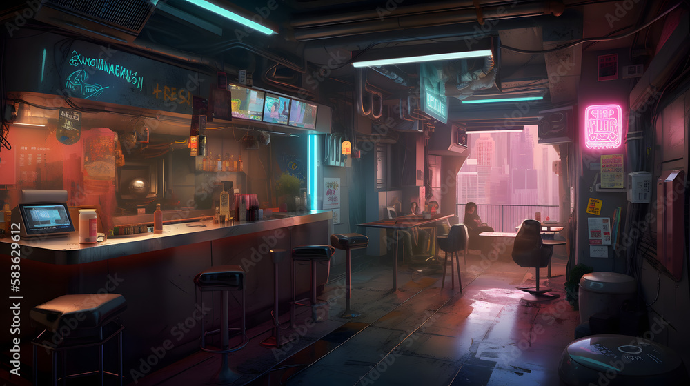 A Cozy Cyberpunk Coffee Shop, AI Generative Stock Illustration | Adobe ...
