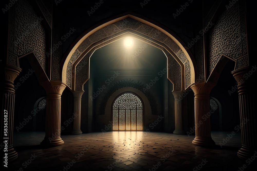 An Islamic mosque interior illuminated by moonlight. Islamic concept ...