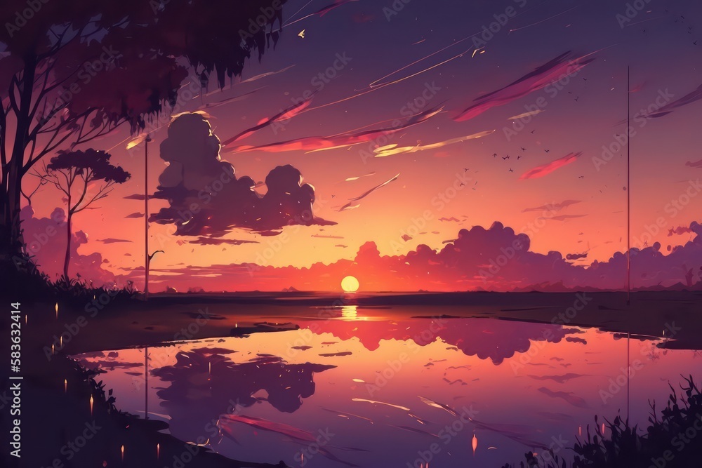 Anime scene of landscape with sunset and sky view. Digital painting ...