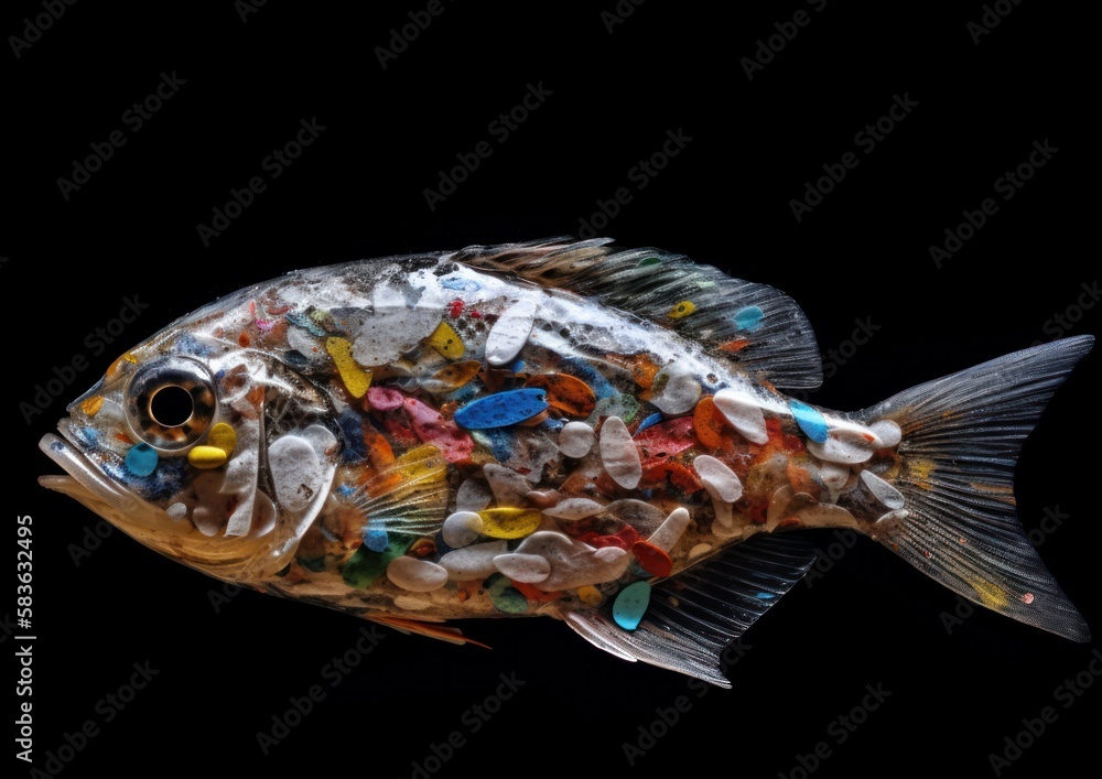Micro plastics in fish on black background. Concept of plastic ...
