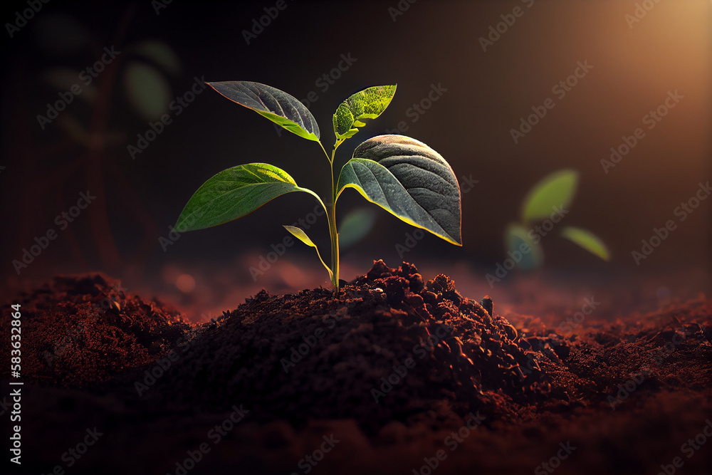 Seedling are growing in the soil with backdrop of the sunlight ...