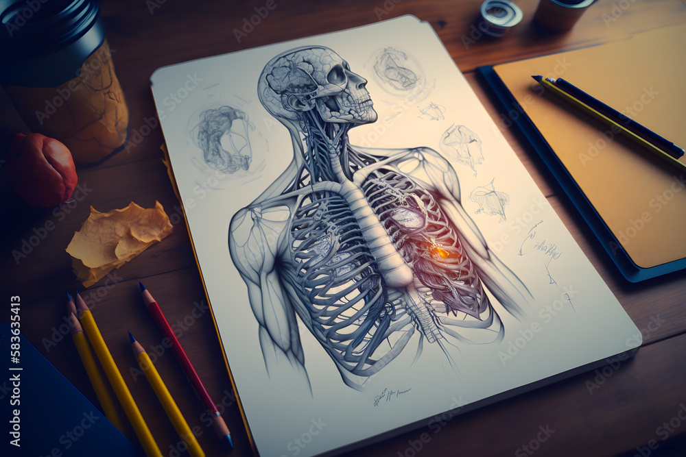Anatomical drawings of the human structure on paper. Generative AI ...
