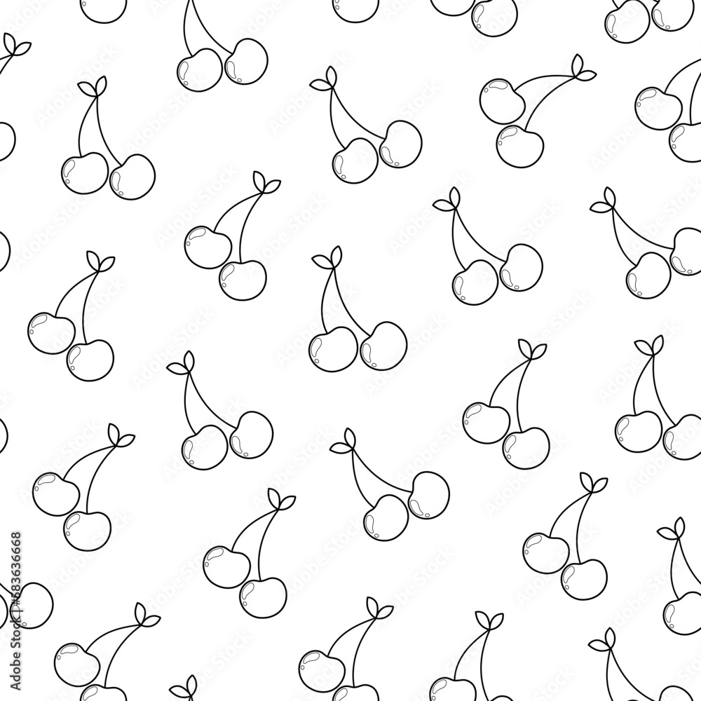 Black and white cherry berries seamless pattern in cartoon style. Sweet ...