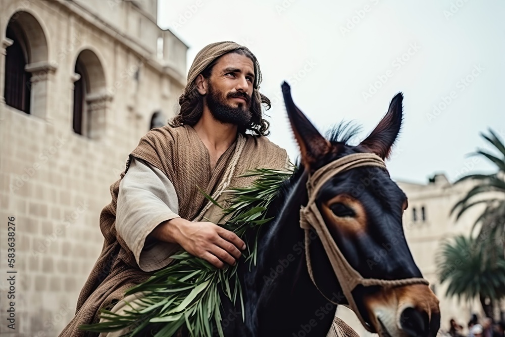 Biblical account of Jesus Christ riding a donkey while many people ...
