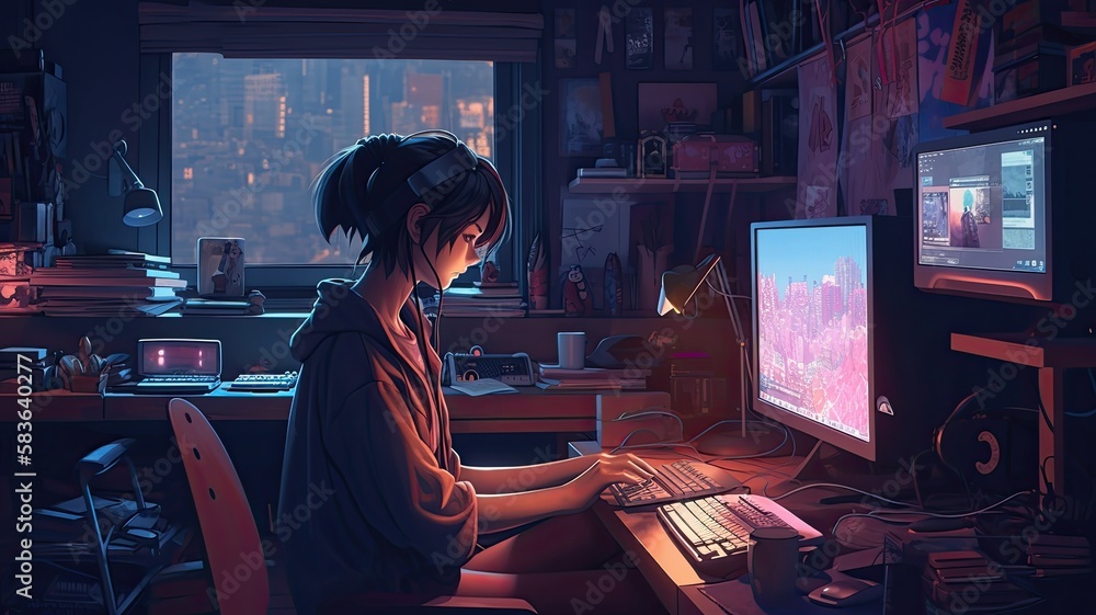 Lo-fi girl at the computer in the room. Retro, pop art illustration ...