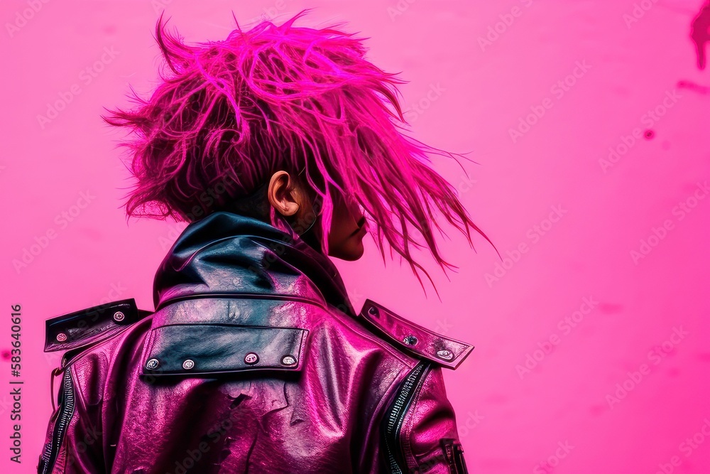 Portrait of a beautiful punk woman with pink background. Fictional ...