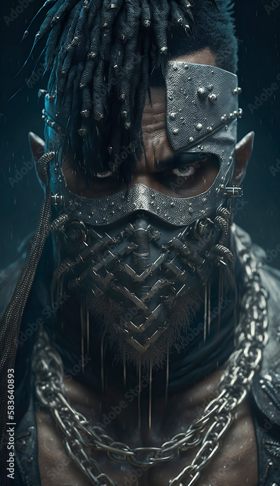 A brutal portrait of a muscular man, a dark warrior in a mask and scars ...