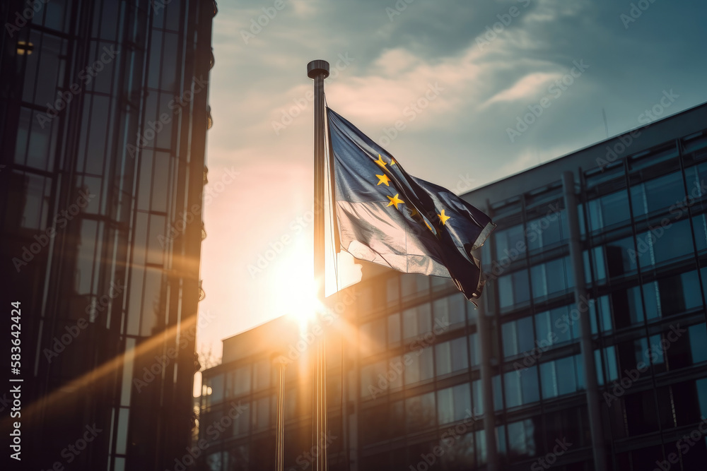 eu flag in front of building created with Generative AI technology ...
